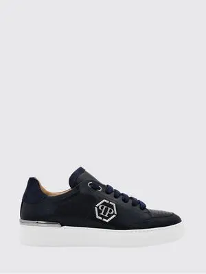 Philipp Plein Leather Low-top Sneakers With Monogram Pattern And Applied Hexagon Logo - Blue