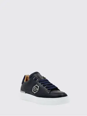 Philipp Plein Leather Low-top Sneakers With Monogram Pattern And Applied Hexagon Logo - Blue