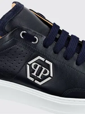 Philipp Plein Leather Low-top Sneakers With Monogram Pattern And Applied Hexagon Logo - Blue