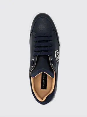Philipp Plein Leather Low-top Sneakers With Monogram Pattern And Applied Hexagon Logo - Blue