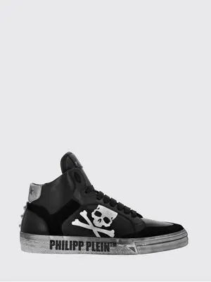 Philipp Plein High-top Skull Sneakers In Leather And Suede With A Worn Effect - Black