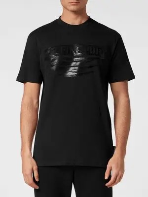 PLEIN SPORT Cotton Crew Neck T-shirt With Tone-on-tone Logo Print - Black