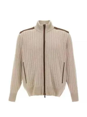 Paul & Shark Ribbed-knit Suede-panel Cardigan