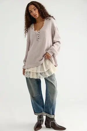 We The Free Montreal Oversized Thermal Henley - Grey Lilac