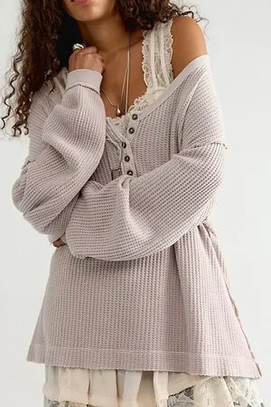 We The Free Montreal Oversized Thermal Henley - Grey Lilac