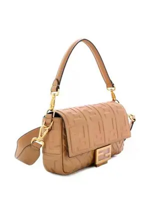 Fendi Baguette Nm Bag Zucca Embossed Leather Medium Crossbody Bag - Brown