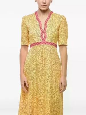 Saloni Tabitha Botanical Print V-neck Silk Dress