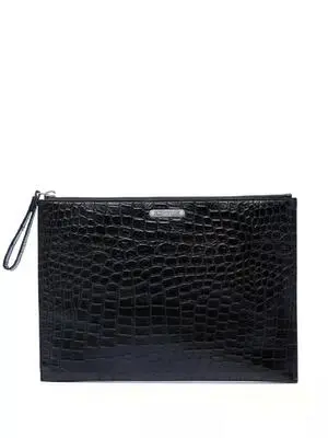 Saint Laurent 2017 Croc Embossed Leather Clutch Bag - Black