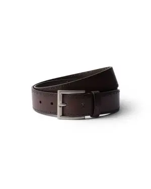 Prada Antiqued Leather Belt With Metal Buckle - Coffee