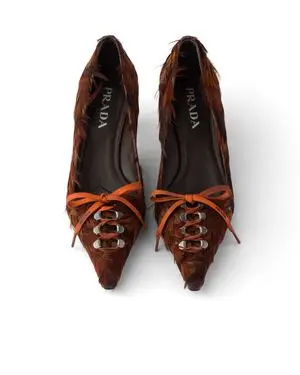 Prada Feather-embellished Satin Pumps - Coffee