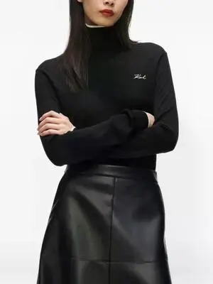 Karl Lagerfeld Logo Embroidered Merino Wool Turtleneck Sweater - Black