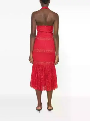 SELF-PORTRAIT Floral Lace Paneled Belted Midi Dress