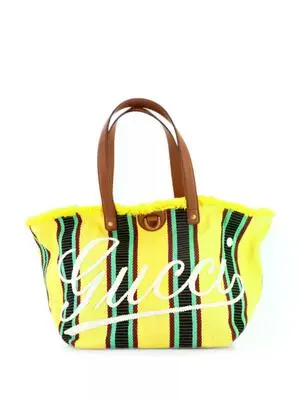 Gucci Script Open Embroidered Stripe Canvas With Leather Medium Tote Bag