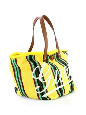 Gucci Script Open Embroidered Stripe Canvas With Leather Medium Tote Bag