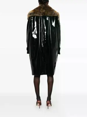 Saint Laurent Patent Finish Coat With Fur Trim