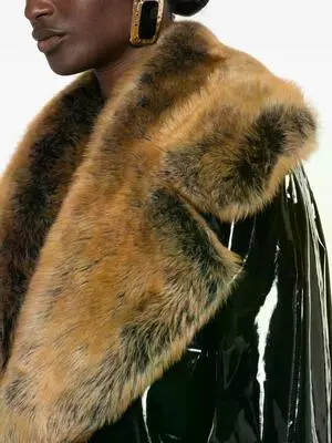 Saint Laurent Patent Finish Coat With Fur Trim