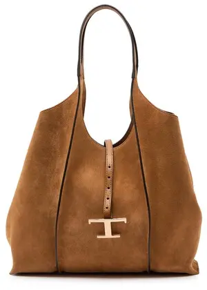 TOD'S T-plaque Suede Tote - Tan