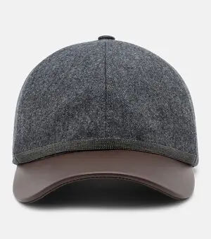 Brunello Cucinelli Monili Leather And Virgin Wool Baseball Cap - Grey