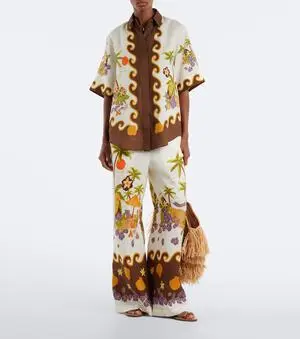 ALEMAIS Island Cove Printed Linen Wide-leg Trousers