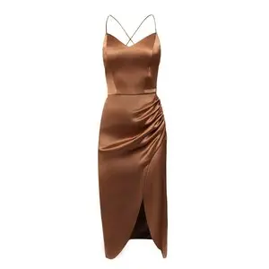 NOMI FAME Selena Satin Midi Dress - Brown