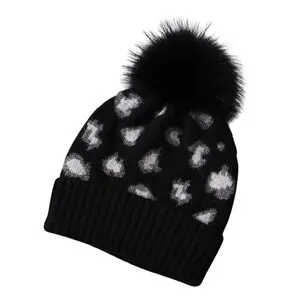 HORTONS ENGLAND Cashmere Wool Beanie With Faux Fur Pom Pom - Black