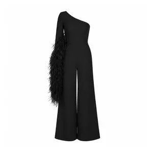 NOMI FAME Asymmetrical One-shoulder Jumpsuit With Feather Detail - Black