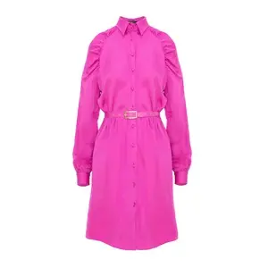 AVENUE N°29 Gathered Raglan Sleeve Viscose Midi Shirt Dress With Belt - Pink