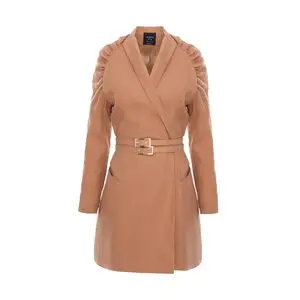 AVENUE N°29 Gathered Raglan Sleeve Linen Blazer Dress With Double Belt - Brown