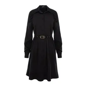 AVENUE N°29 Midi Shirt Dress With Gathered Raglan Sleeves And Belt - Black
