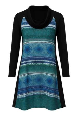 CONQUISTA A-line Print Dress With Turtleneck - Black