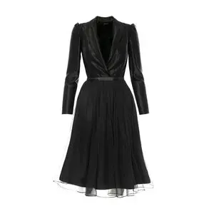 AVENUE N°29 Silk V-neck Lapel Dress With Gathered Midi Skirt - Black