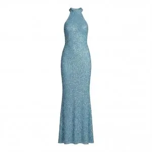 Mac Duggal Embellished Halter Neck Open Back Column Gown - Blue