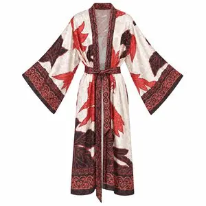 Loveist Store Brown / Red Sahara Botanical Print Jacquard Satin Kimono - Brown/red