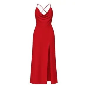 NOMI FAME Aphrodite Draped Cowl Neck Evening Gown With Slit And Crossed Straps - Red