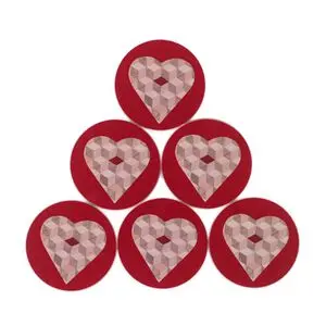 E. INDER DESIGNS Set Of Six Coasters In Heart Design With Border. Pink And Grey. Luxe High Gloss Melamine. Heat Resistant - Red
