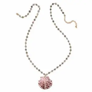 HEATHER HAWKINS Extra Long Scallop Shell Coin Gemstone Necklace Labradorite - Blue