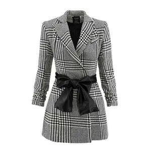 AVENUE N°29 Houndstooth Wool Blazer Dress With Contrast Belt - Black