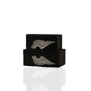 MARLETH Black / Silver Set Of Two Black Leather Boxes With Silver Wing Detail - Black/silver