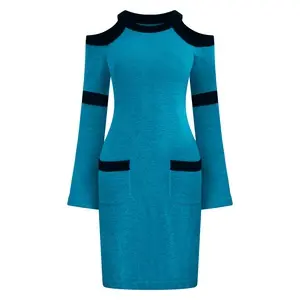 WHY MARY Serena Wool Knit Long Sleeve Cold Shoulder Dress In Petrol - Blue