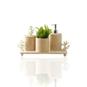 MARLETH Neutrals Luxury Four Pieces Marble Bathroom Set & Beige Marble, Golden Accents - Beige/yellow