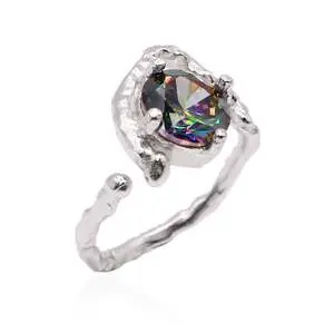 LUNA CHARLES Melike Hammered Twist Ring With Rainbow Stone - Silver