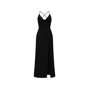 NOMI FAME Aphrodite Draped Cowl Neck Evening Gown With Slit And Crossed Straps - Black
