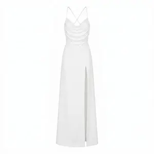 NOMI FAME Aphrodite Draped Cowl Neck Evening Gown With Slit And Crossed Straps - White