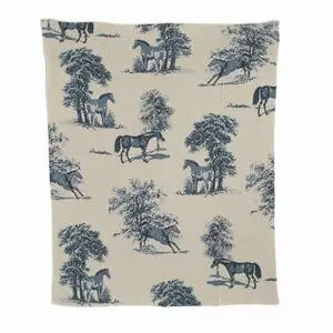 In2green Cotton Sustainable Knit Throw Blanket Equestrian Toile - Blue