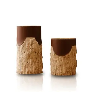 MARLETH Neutrals / Travertine Vase Pair With Cinnamon Leather - Brown