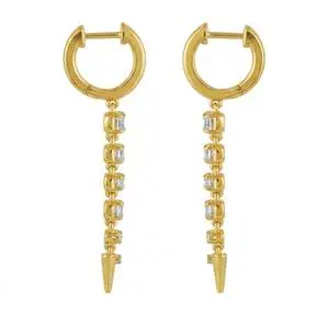 ARTISAN 14k Yellow Gold Baguette Diamond Drop Huggie Hoop Earrings - Gold/white