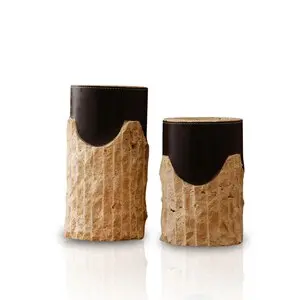 MARLETH Neutrals Set Of Two Travertine Vases Beige Stone & Brown Leather Detail - Black