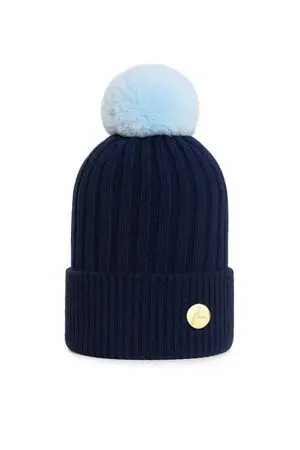 HORTONS ENGLAND Ribbed Cashmere Beanie Navy With Pom Pom - Blue