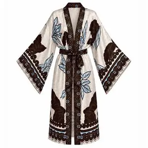 Loveist Store Blue / Brown Adenium Botanical Print Jacquard Satin Kimono - Blue/brown