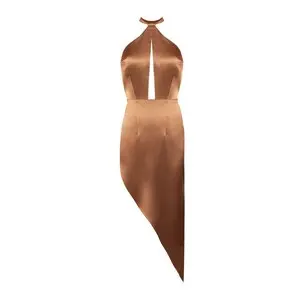 NOMI FAME Pamela Satin Halterneck Dress With Asymmetric Skirt - Brown